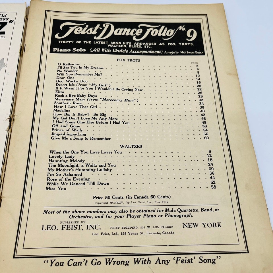1924 Feist Dance Folio No. 9 - 30 Dance Hits for Piano Sheet Music TA6 ...