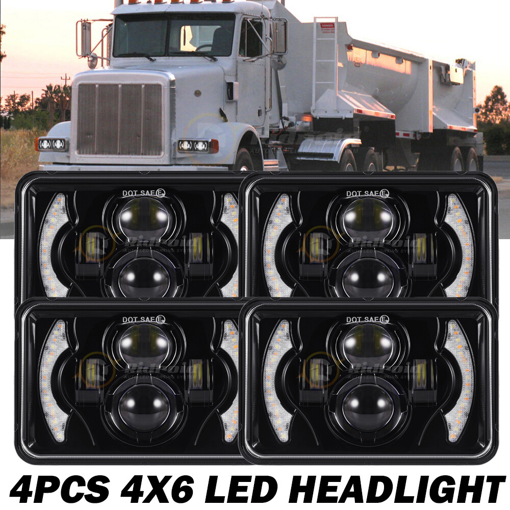 4PCS 4x6" LED Headlights Hi-Low Beam For Kenworth W900 T800 T600A ...