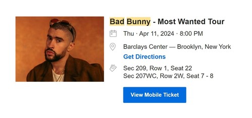 Bad Bunny 2x Tickets 4/24/2024 Barclay's Center **245$ less than ...