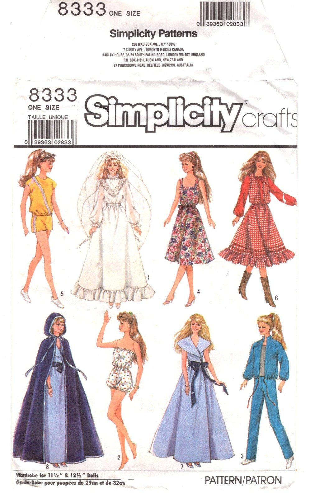Simplicity 8333 1980s Fashion Doll Barbie Wardrobe Pattern Wedding Gown ...