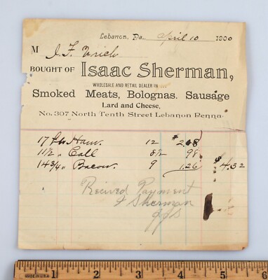 Vintage 1900 Isaac Sherman Wholesale Meat Receipt Bologna Sausage ...
