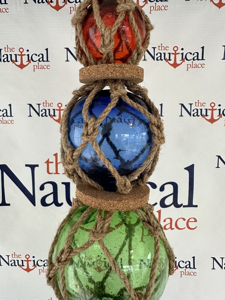 (3) Glass Fishing Floats On Rope, Nautical Fish Net Decor, Blue, Green ...