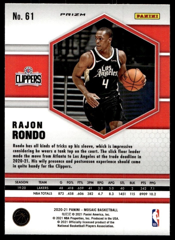 2020-21 Panini Mosaic Red Wave Rajon Rondo G30 Los Angeles Clippers #61 ...