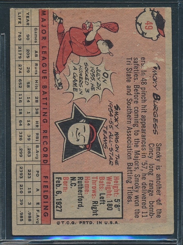 1958 Topps #49: SMOKY BURGESS Cincinnati Reds ~ VG-EX to EX | eBay
