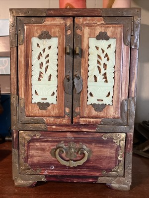 Vintage Chinese Wooden & Brass Jade Inlaid Jewelry Chest Box w/ Drawers ...