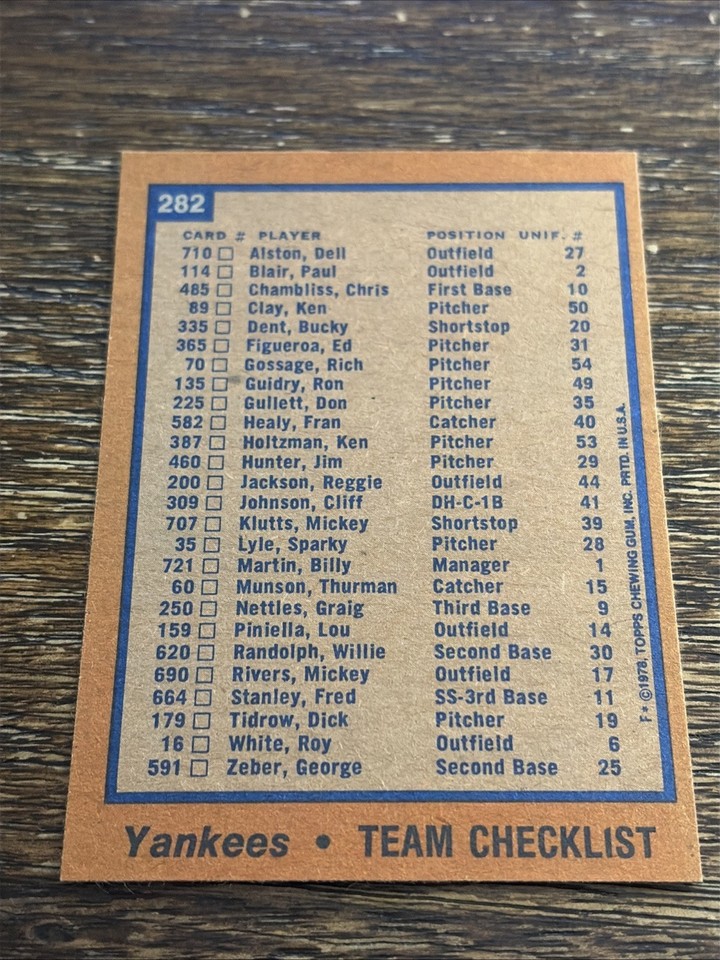 1978 TOPPS YANKEES TEAM CHECKLIST #282 REGGIE JACKSON NM OR BETTER | eBay