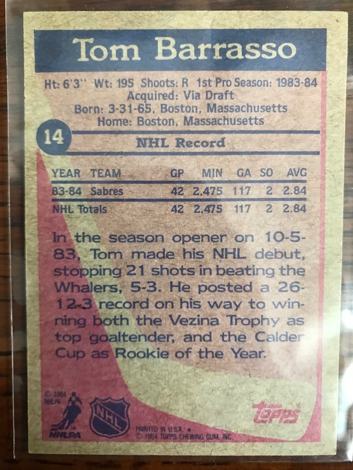 1984 NHL TOPPS Tom Barrasso Rookie NM | eBay