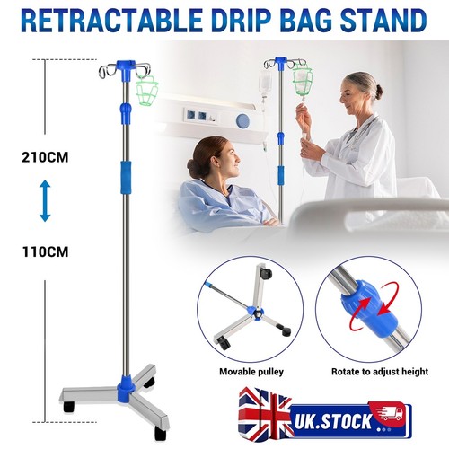Portable IV Pole Drip Bag Stand Intravenous Silver Foldable w / wheel ...