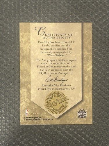 1999 Skybox Premium Autographics Chris Webber AUTO Kings On Card BOLD ...