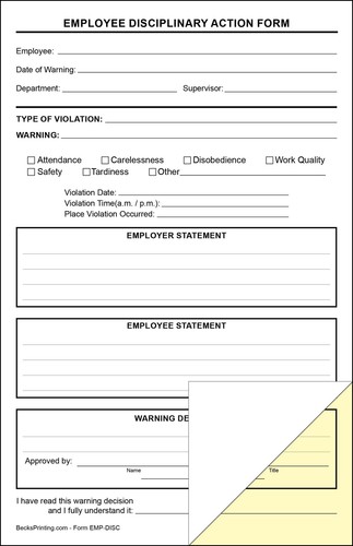 Employee Disciplinary Action Forms 2 Part Carbonless Paper - Pack of ...