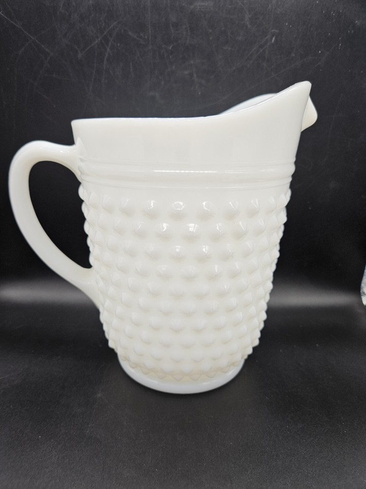 Anchor Hocking Hobnail White Milk Pitcher 8” Tall and 2 Matching Water ...