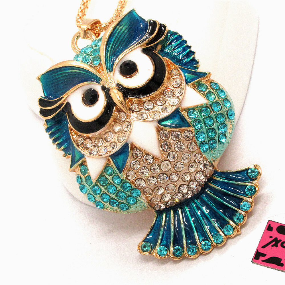 New Fashion Women Blue Enamel Cute Owl Crystal Animal Pendant Chain ...