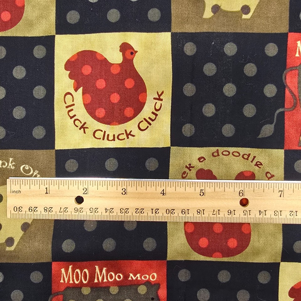 Cotton Fabric 26"x44" Black Red Neutral Tones Chicken Rooster Cow Pig ...