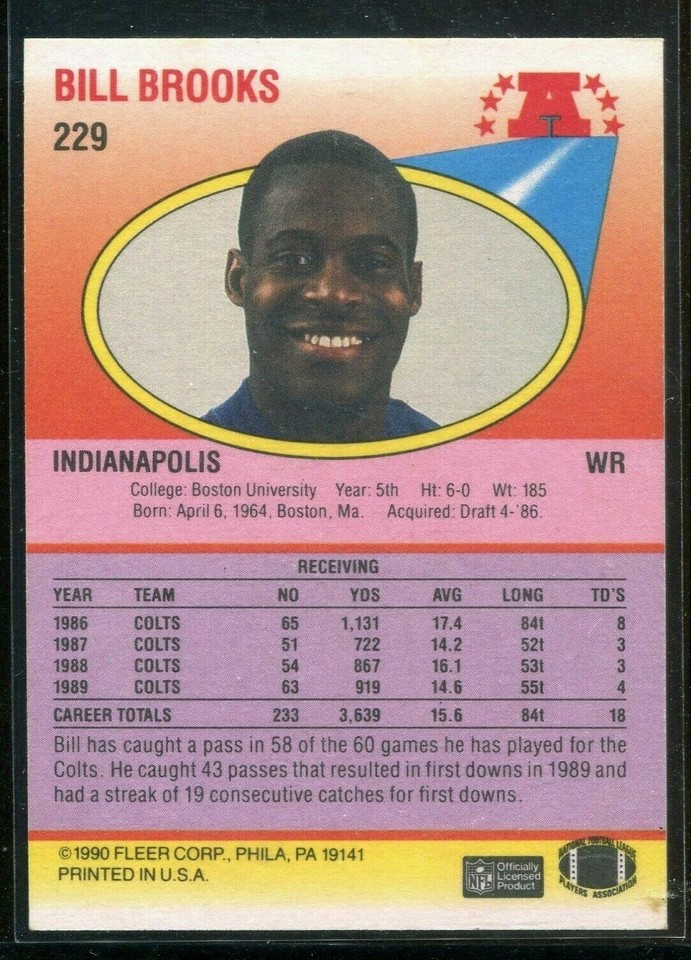 1990 FLeer Football Bill Brooks #229 Indianapolis Colts Boston ...