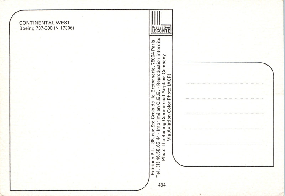 CONTINENTAL WEST AIRLINES VINTAGE POSTCARD BOEING 737-300 AVIATION ...