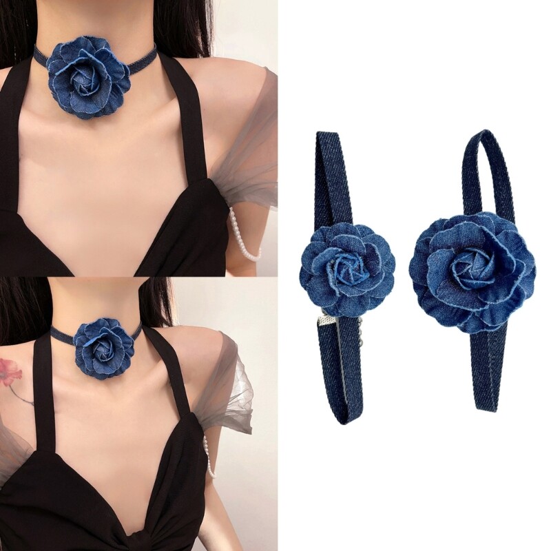 Blue Flower Choker Cloth Clavicle Necklace Cute Collar Necklace Wedding ...