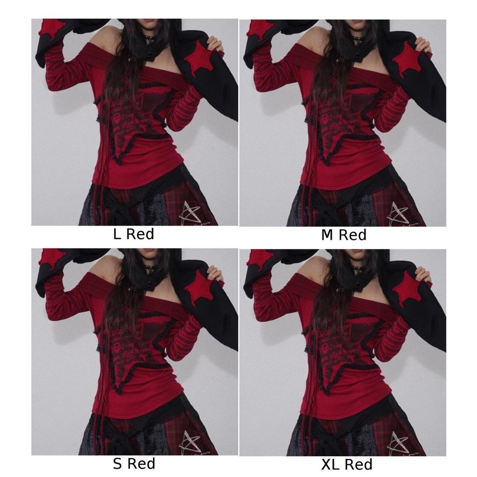 Womens Vintage Punk T Shirt with Off Shoulders and Long Sleeves in Red ...