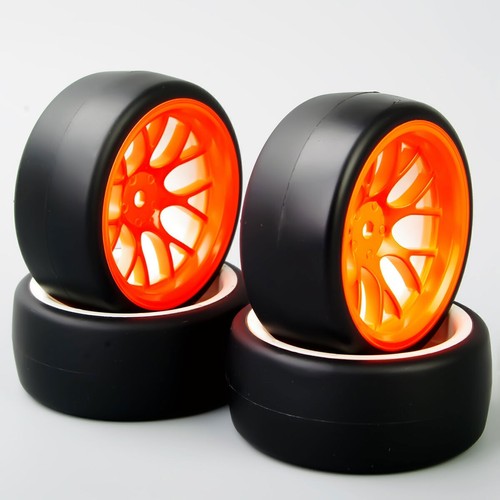 4x 1/10 RC Drift Tires &Orange Wheel Rims DHO 12mm Hex For HSP HPI On ...
