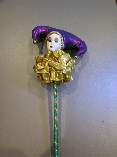 Mardi Gras Porcelain Head Jester Stick Decoration Carnival Gold Purple ...