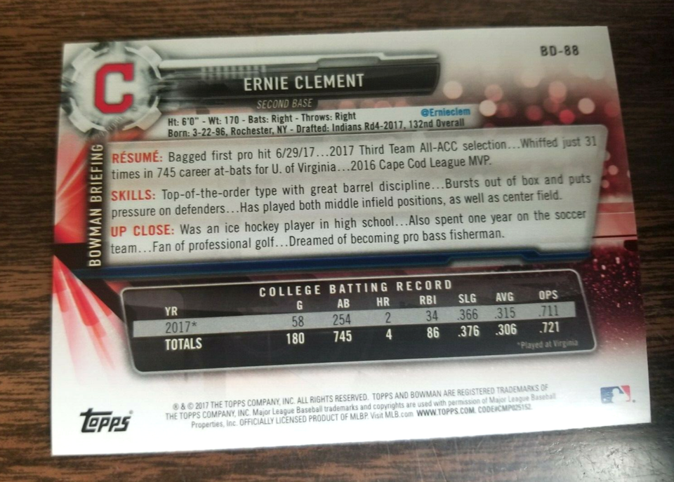 ERNIE CLEMENT 2017 BOWMAN DRAFT CARD BD88 GUARDIANS/INDIANS (10-CARD ...