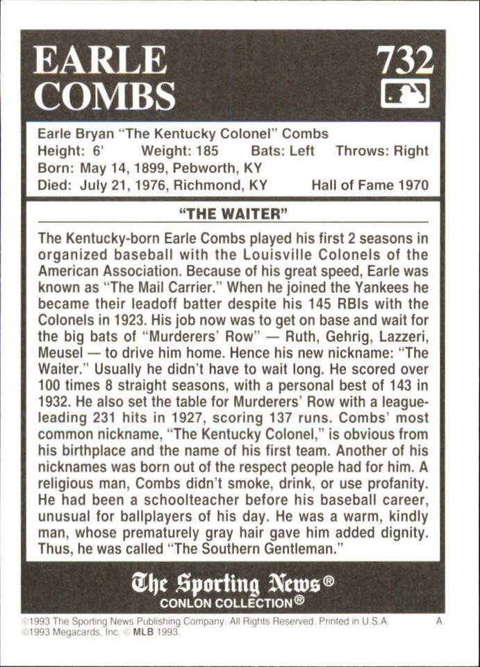 1993 Conlon TSN #732 Earle Combs | eBay
