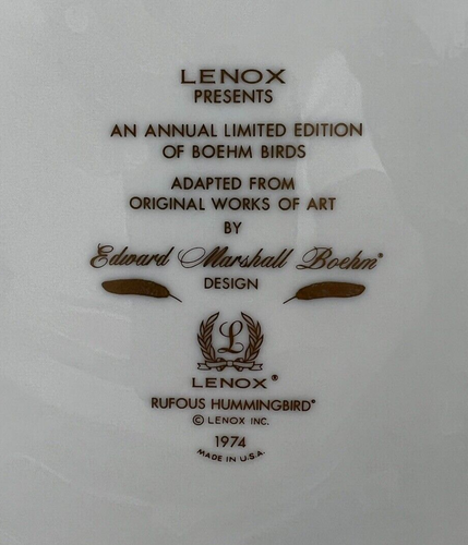 Lenox Limited Edition Plate Edward Boehm Birds Rufous Hummingbird 1974 ...