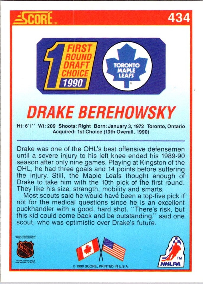 #434 Drake Berehowsky Toronto Maple Leafs 1990 Score | eBay