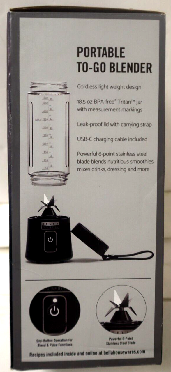 BELLA PRO SERIES PORTABLE TO GO BLENDER BLACK #BL3403A IN BOX FREE ...