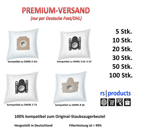 Staubsaugerbeutel kompatibel zu SWIRL R36 S62 S67 S73 X351 S68 | eBay