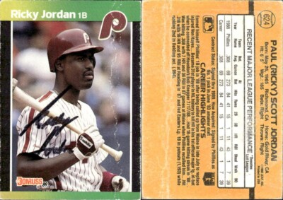 RICKY JORDAN SIGNED 1989 DONRUSS #624 PHILADELPHIA PHILLIES ON-CARD ...