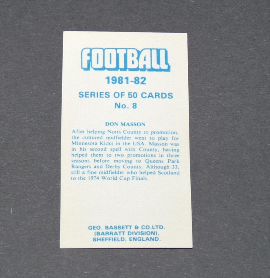 GUM CARD BARRATT BASSETT FOOTBALL 1981-1982 #8 DON MASSON NOTTS COUNTY ...