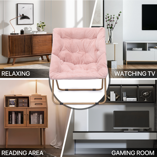 Pink 27.5" Foldable Soft Faux Fur Saucer Chair Home Metal Frame Cozy ...