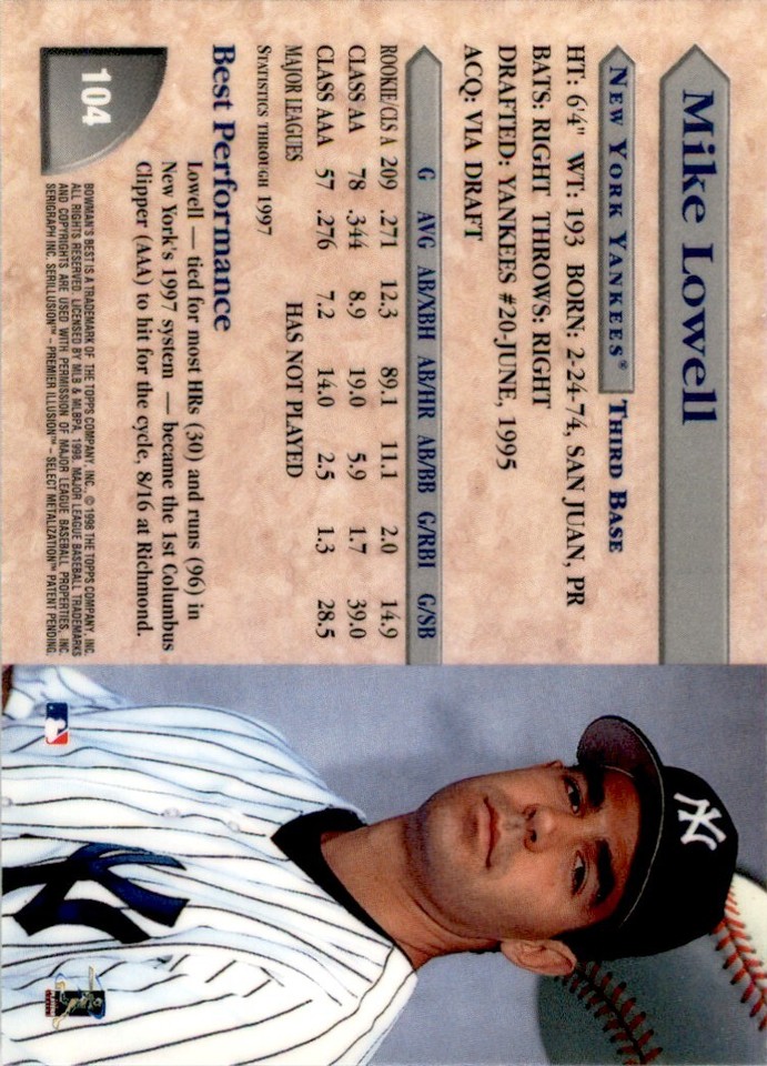 1998 Bowman's Best Mike Lowell . New York Yankees #104 | eBay