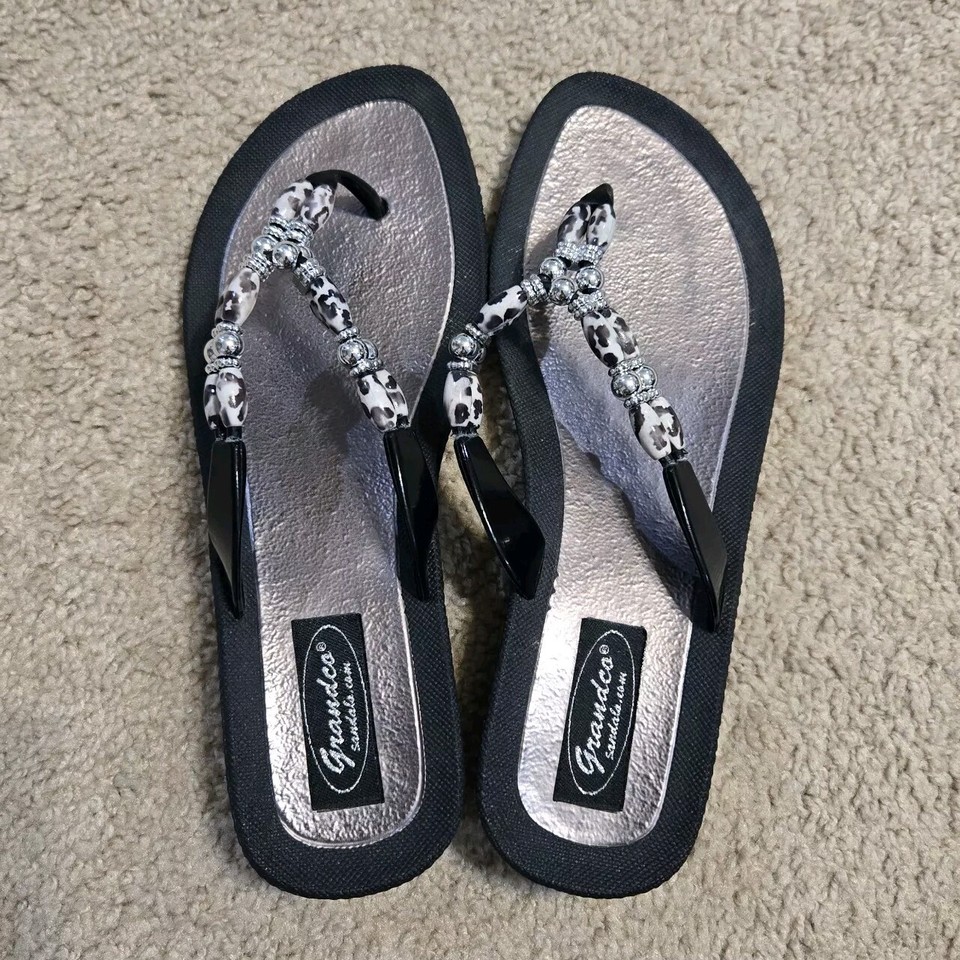 Grandco Women's Size 8 Beaded Thong Flip Flop Sandals Wedge HY-219 ...