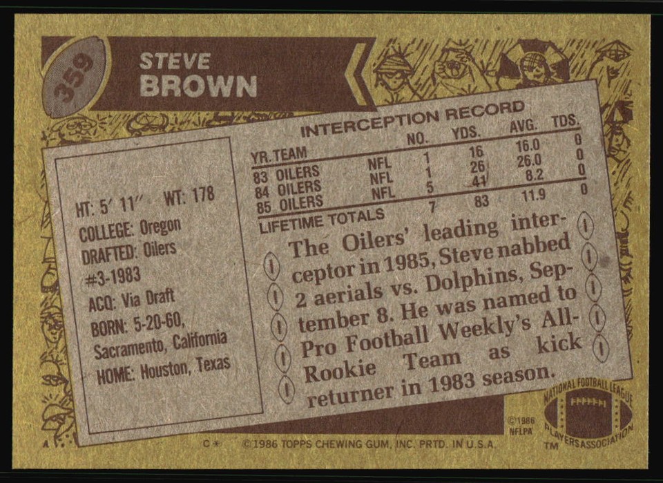 1986 Topps Steve Brown #359 Houston Oilers | eBay