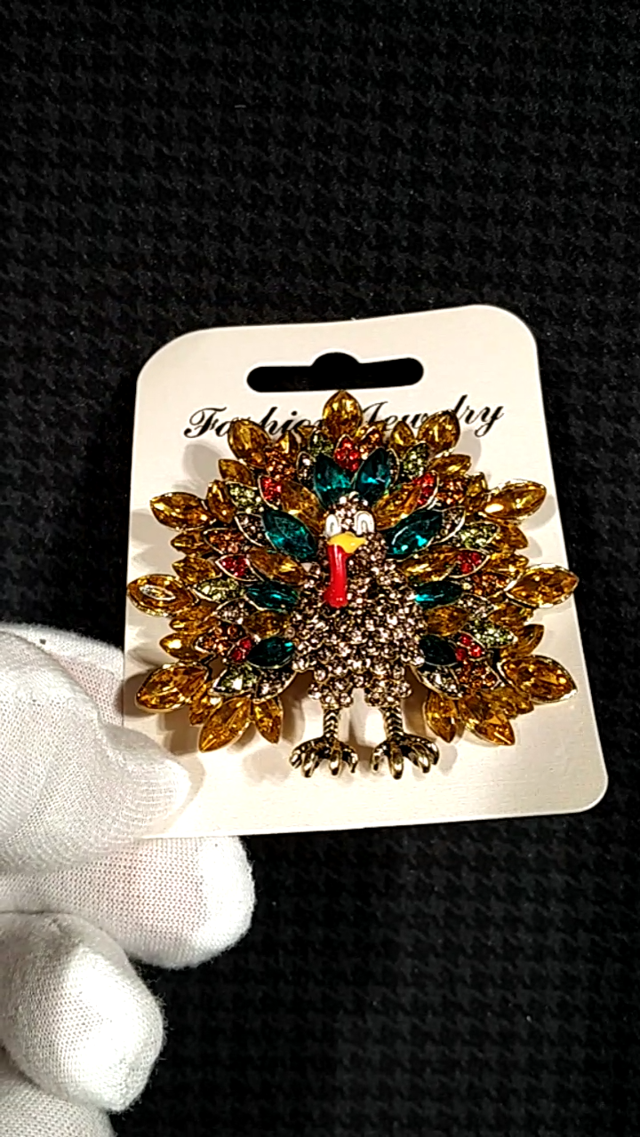 Turkey Thanksgiving Day / Fall Crystal Rhinestone Brooch Pin Velvet Bag ...