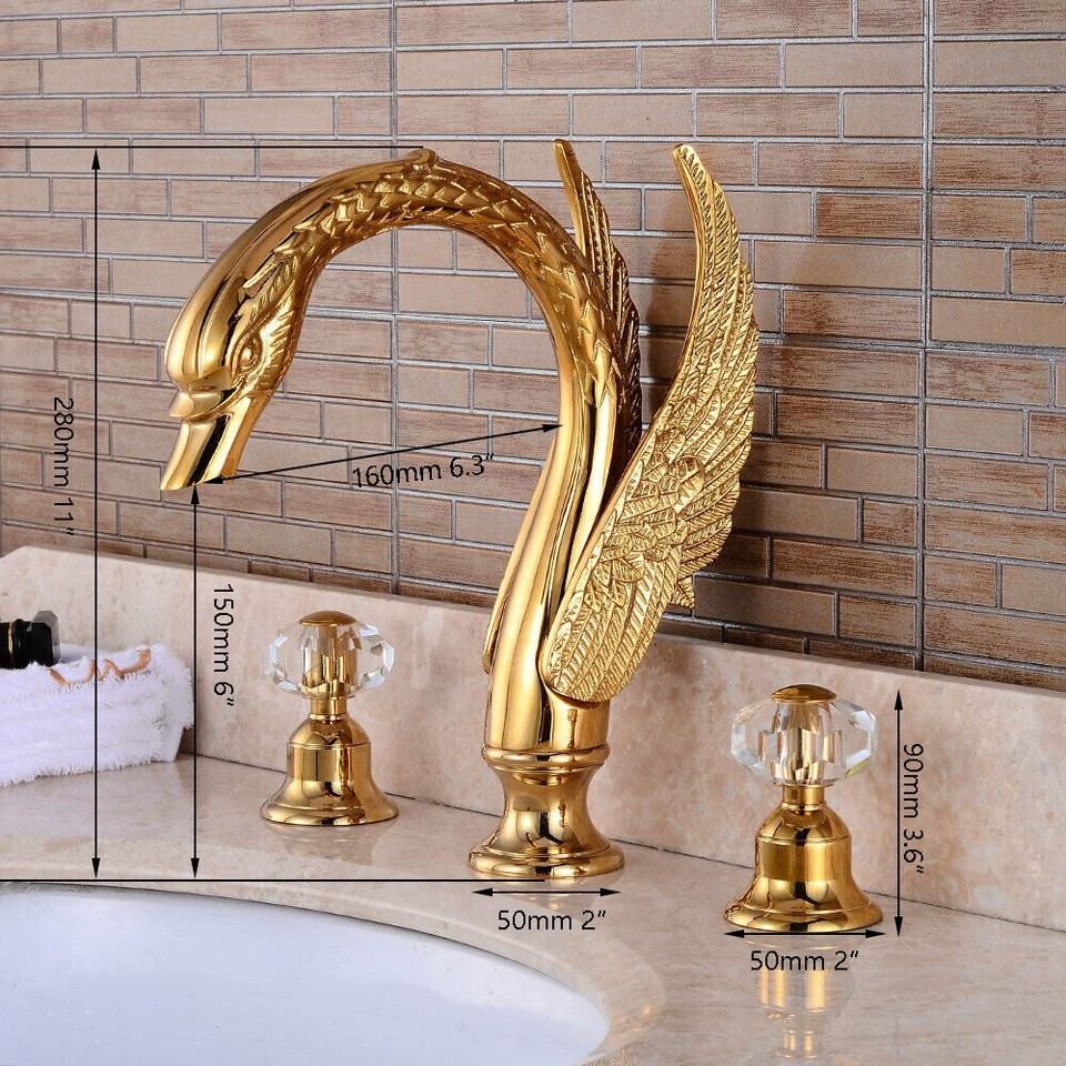 3PCS Golden Brass Swan Bathtub Crystal 2 Swan Handles Faucet Bath Tub ...
