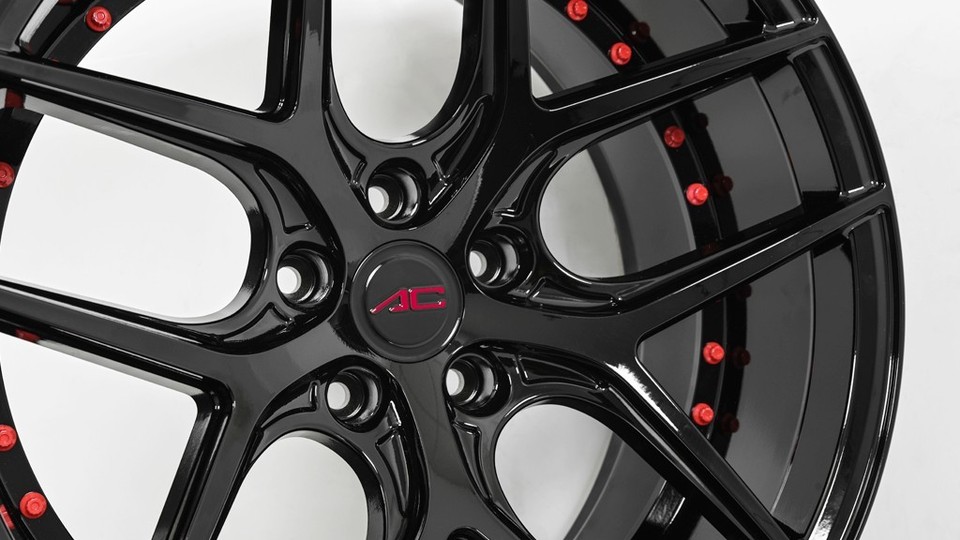 20x9" Staggered AC Wheels Divino Gloss Black with Custom Red Rivets ...