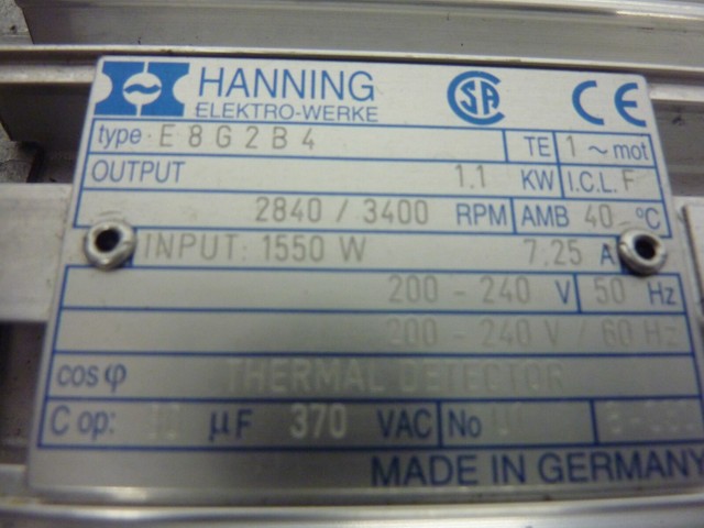 Hanning Elektro-werke E8G2B4 Vacuum Drain Pump 2840/3400 RPM 1.1 KW 7 ...