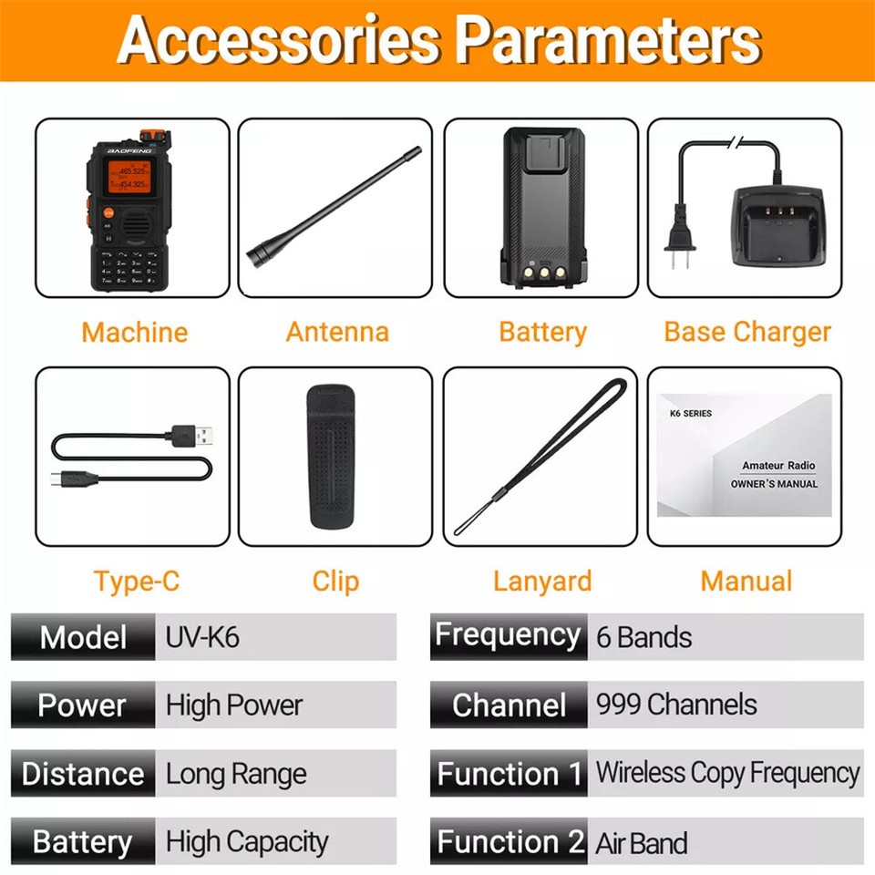 Baofeng UV-K6 Two Way Radio Long Range Type-C Charging Walkie Talkie FM ...