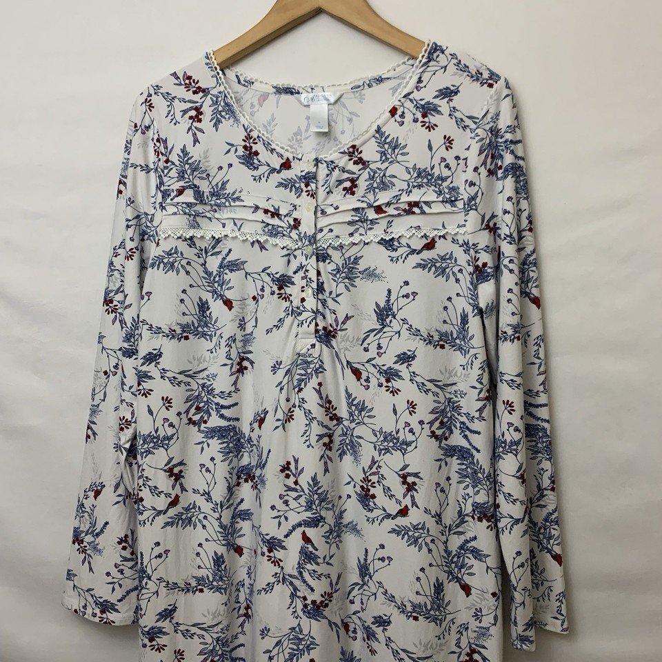Adonna Stretchy Floral Red Cardinals Long Sleeve Flannel Nightgown ...