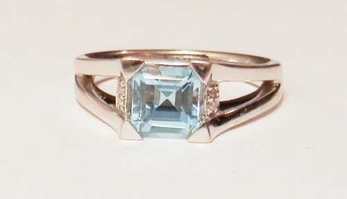 Albert David 6x6mm Square Blue Topaz Diamond Accent 14K White Gold Ring ...