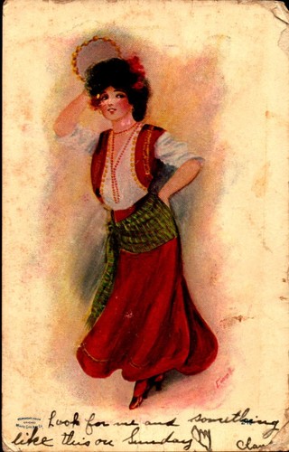 UDB MARY CONNELL SIGNED POSTCARD-WOMAN IN GYPSY ATTIRE WITH TAMBORINE ...