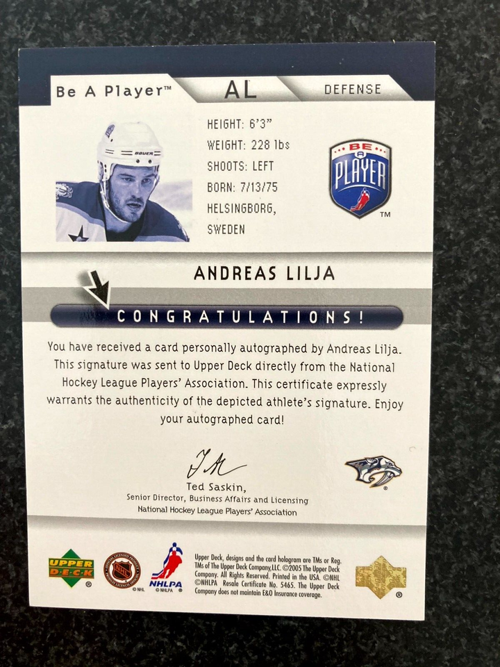 2005-06 Be A Player Signatures #AL Andreas Lilja Autograph B18 | eBay