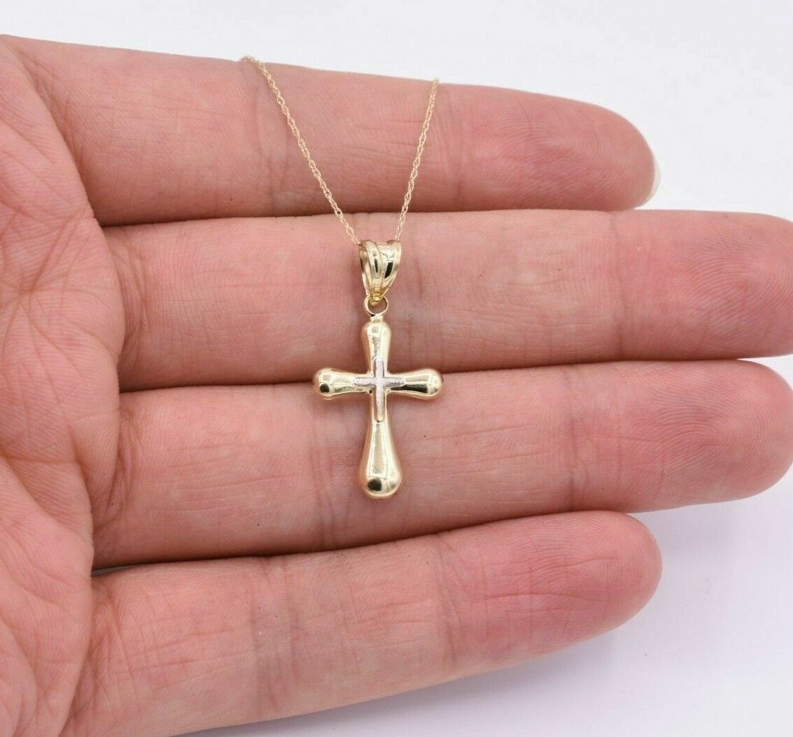 Reversible Two-Tone Cross Pendant Necklace Real 10K Yellow White Gold ...