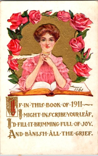 Pre-Linen new year art nouveau PRETTY GIRL WRITING WITH FEATHER QUILL ...