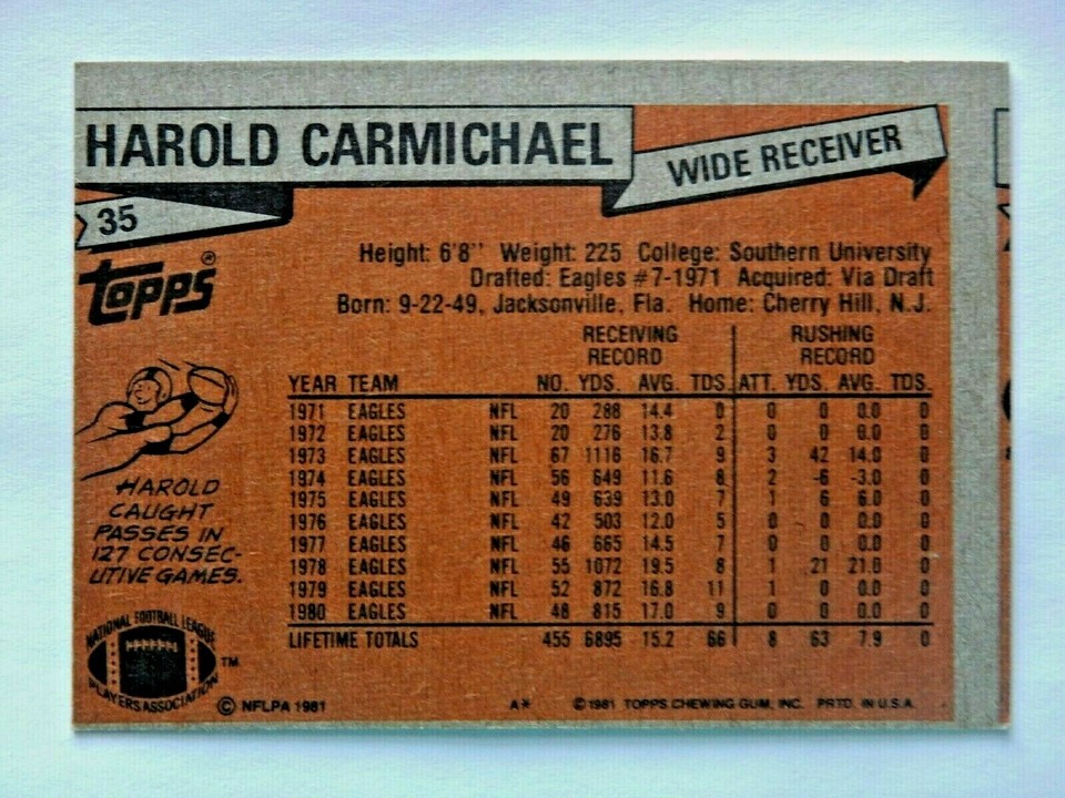 Harold Carmichael #35 Topps 1981 Football Card (Philadelphia Eagles) VG ...