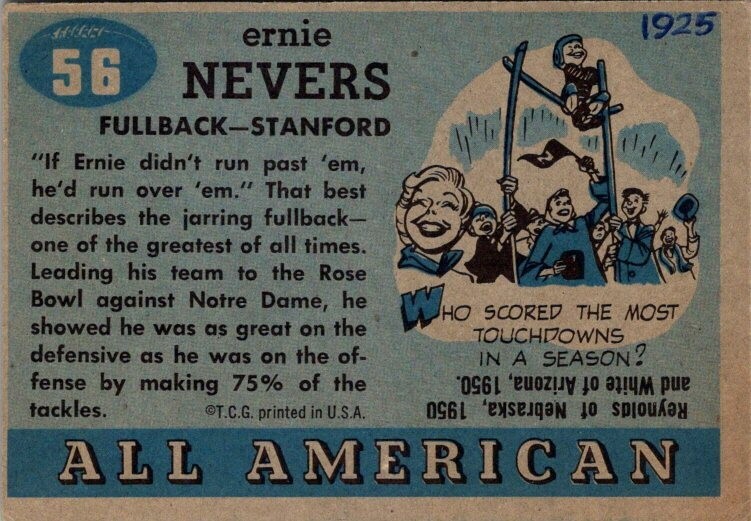 1955 Topps All American ERNIE NEVERS Stanford #56 VG+ Condition *SET ...
