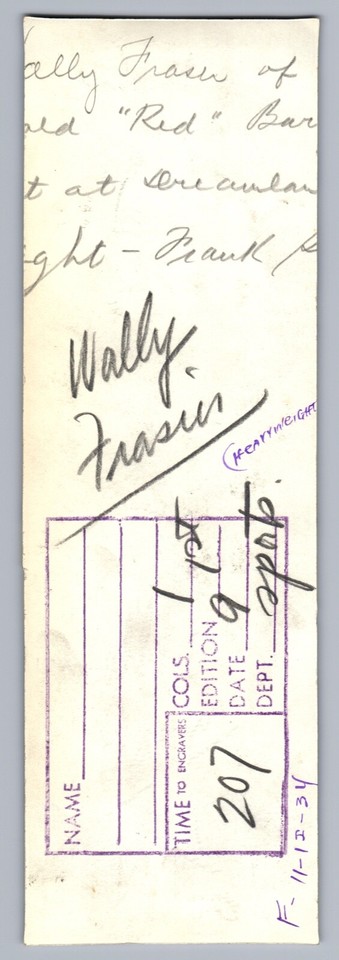 1934 WALLY FRASER, BOXER, DON RED BARRY, HEAVYWEIGHT BOXING PRESS PHOTO ...