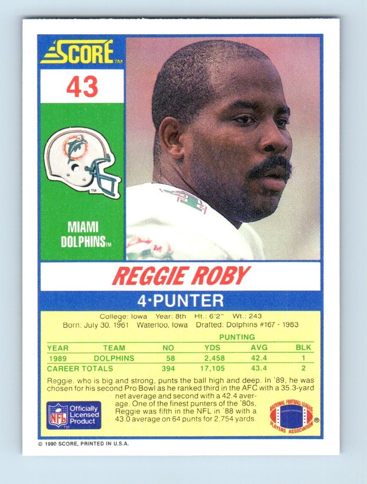 1990 Score Reggie Roby Miami Dolphins #43 | eBay